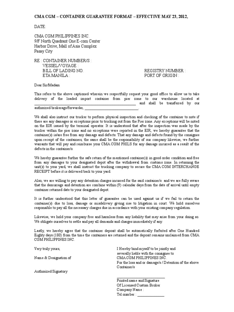 Cma-Cgm Container Guarantee Format | PDF | Private Law | Government ...