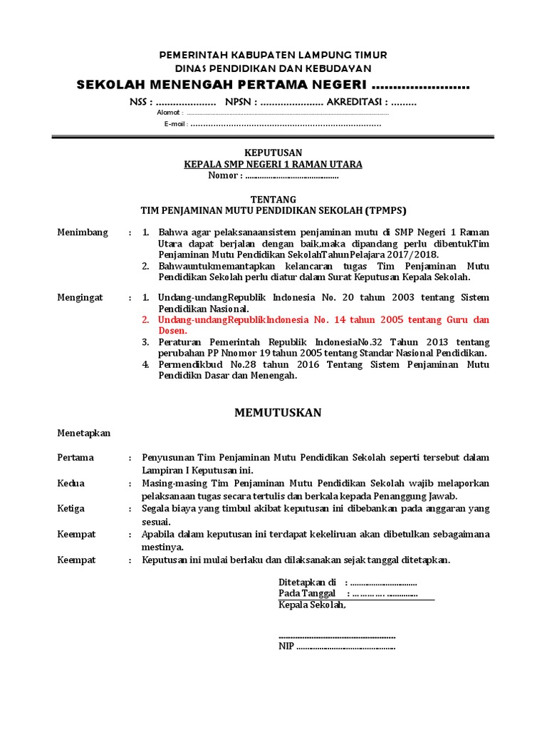 Contoh SK TPMPS - SMP | PDF