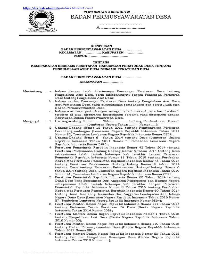 SK BPD Persetujuan Perdes Pengelolaan Aset Desa | PDF