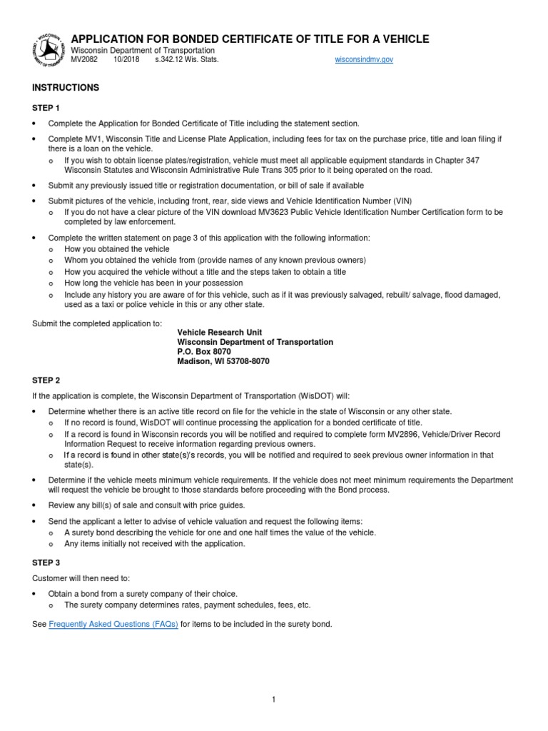 Application For Bonded Certificate of Title For A Vehicle: Instructions ...
