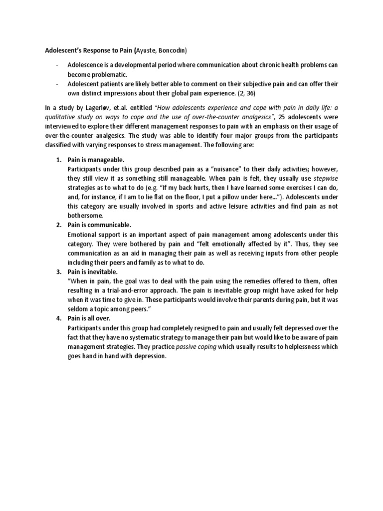 Adolescent's Response To Pain (Ayuste, Boncodin) | PDF | Psychosocial | Pain