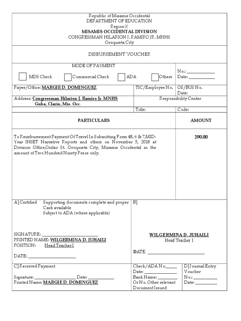 Disbursement Voucher: Misamis Occidental Division | PDF | Cheque | Voucher