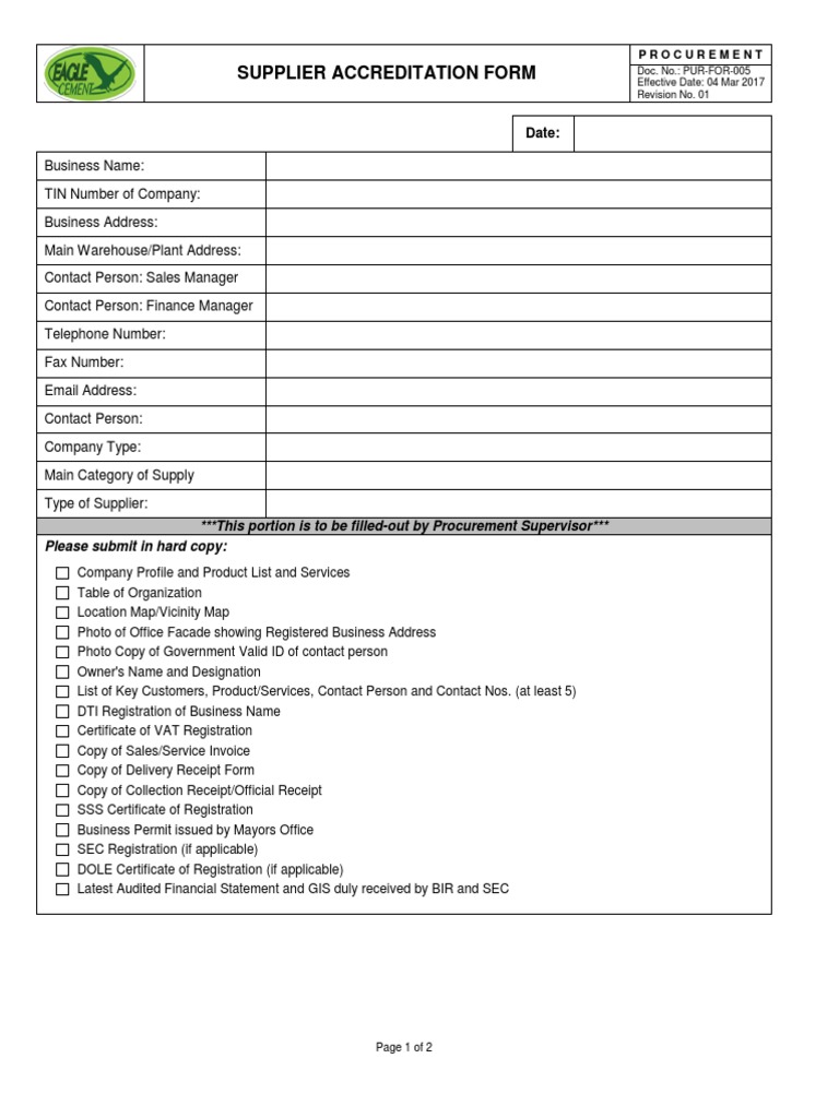 PUR-For-005 Suppliers Accreditation Form - REV.01 - March 4, 2017 | PDF ...