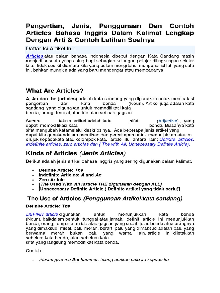 Penggunaan dan Contoh Articles Inggris | PDF