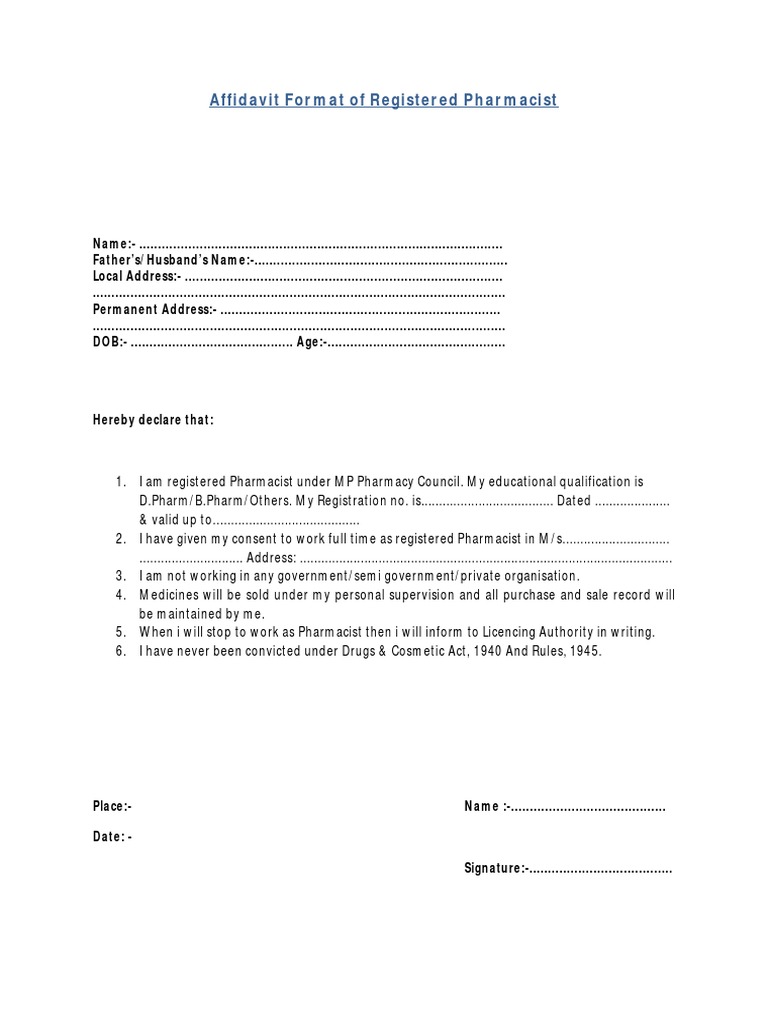 Affidavit Format of Registered Pharmacist | Download Free PDF ...