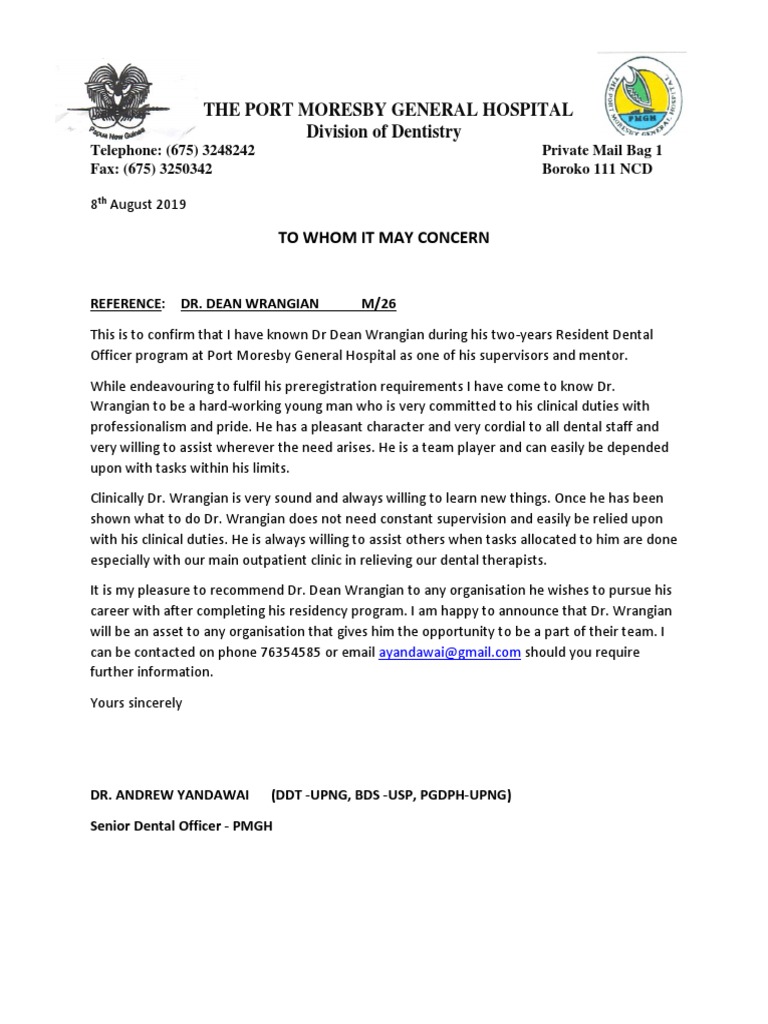 The Port Moresby General Hospital Division of Dentistry: To Whom It May ...