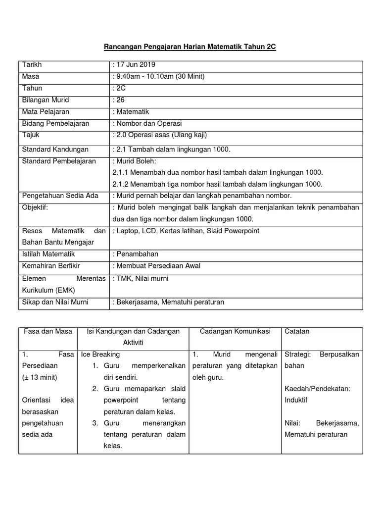 RPH Matematik Tahun 2C M2 (30min) | PDF