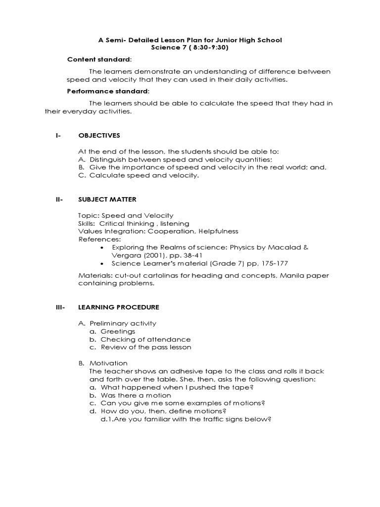 Speed and Velocity Lesson Plan for JHS | PDF | Speed | Velocity
