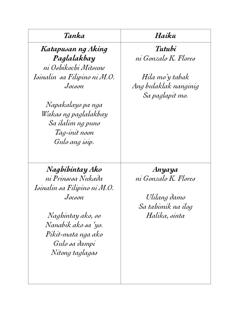 Grade 9 Filipino Mga Halimbawa NG Tanka at Haiku PDF | PDF