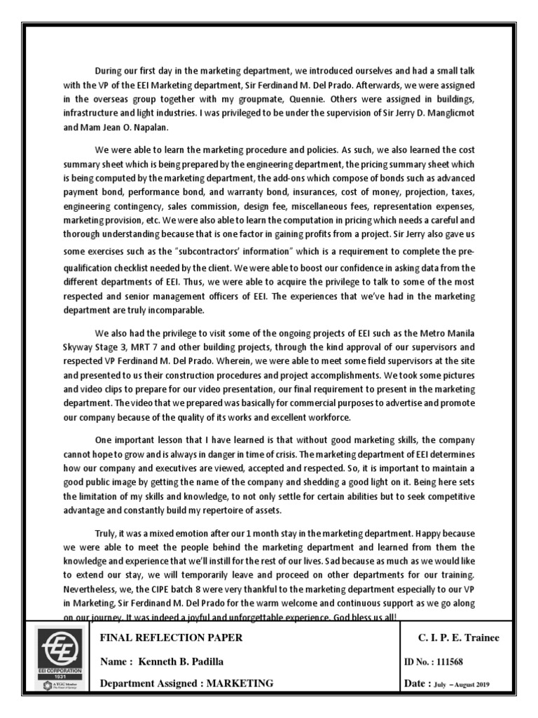 Final Reflection Paper Name: Kenneth B. Padilla Date: C. I. P. E ...