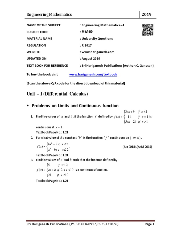 Anna University Question Papers Engineering Mathematics 1 | PDF ...