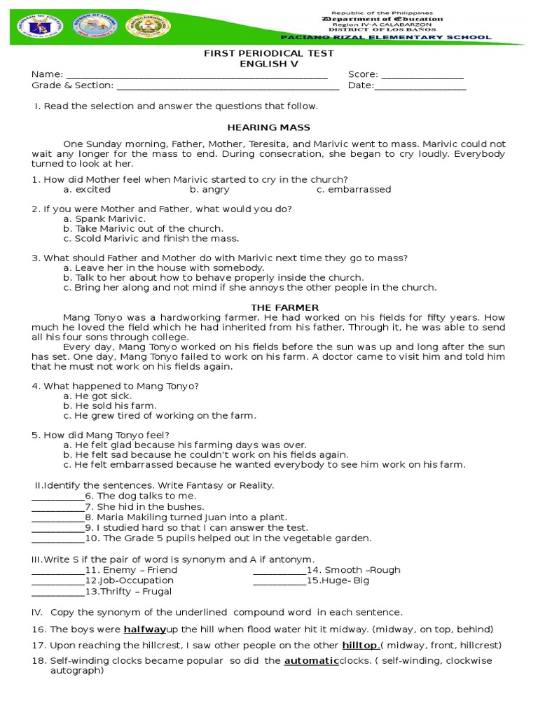 FIRST PERIODICAL TEST English5 W Key & TOS | PDF