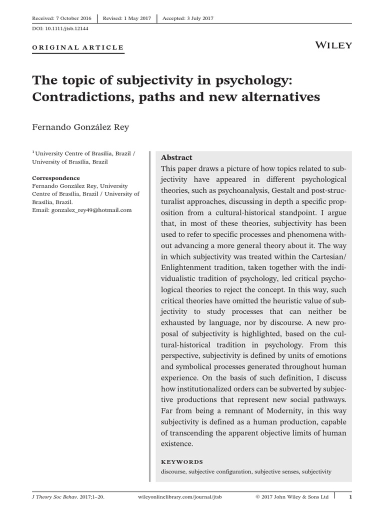 The Topic of Subjetivity in Psychology (2017) ... | PDF | Concept ...