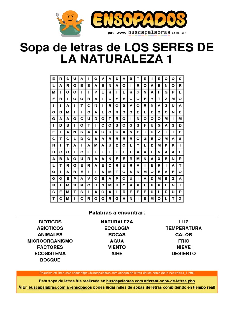 Sopa de Letras: Seres de la Naturaleza | PDF | Oceanografía | Ciencia ...