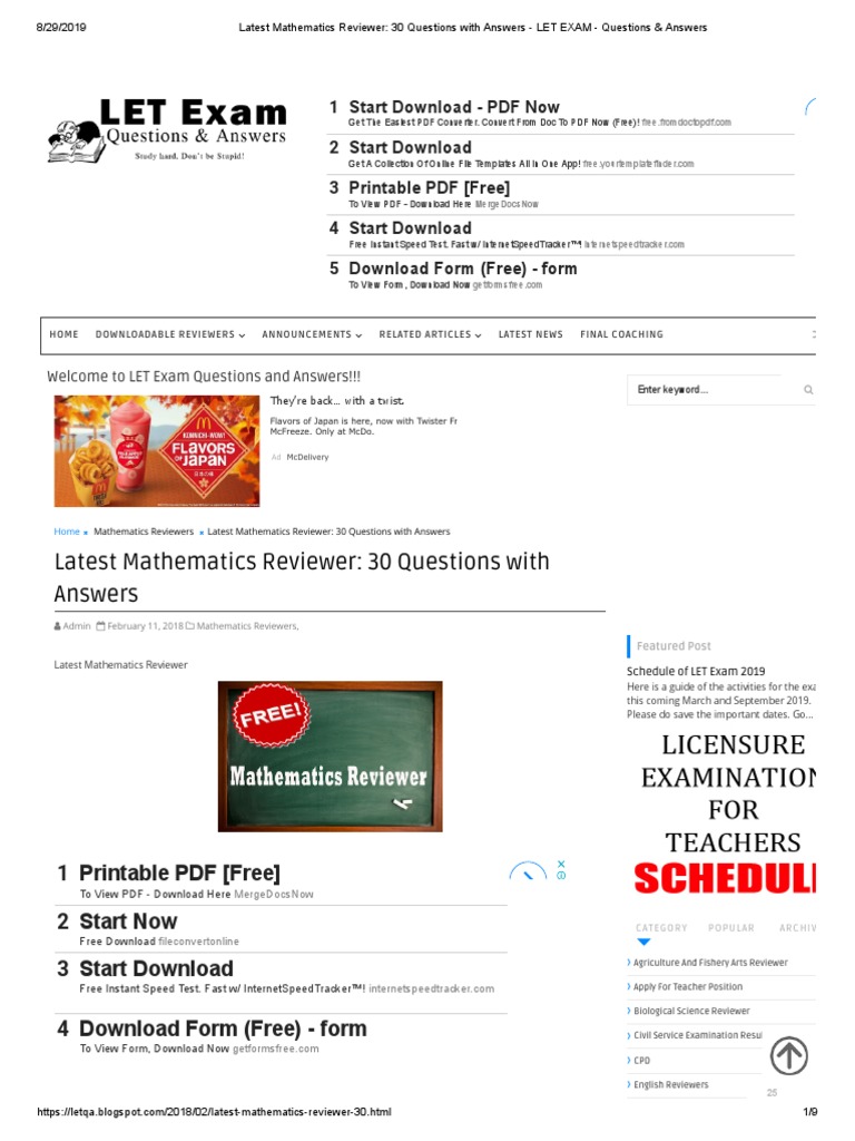 Latest Mathematics Reviewer - 30 Questions With Answers - LET EXAM ...