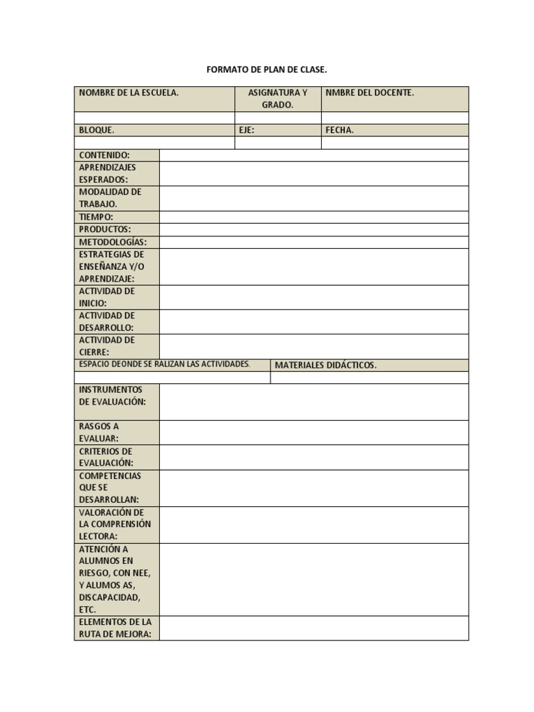 Formato de Plan de Clase en Blanco | PDF
