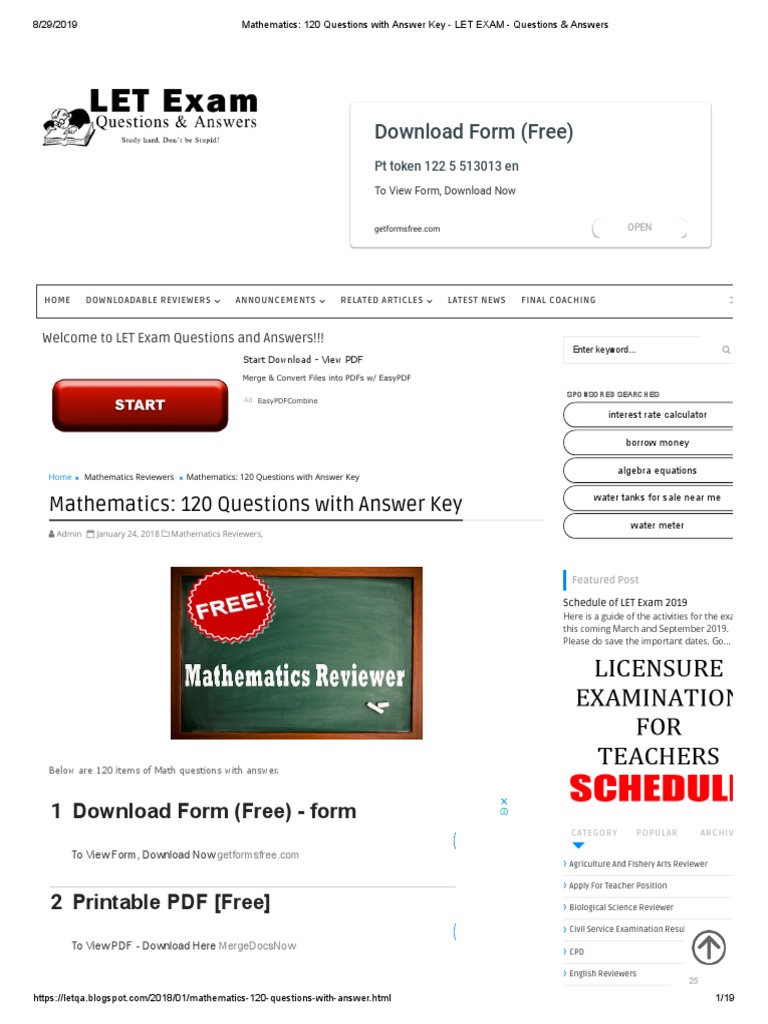 Mathematics - 120 Questions With Answer Key - LET EXAM - Questions ...