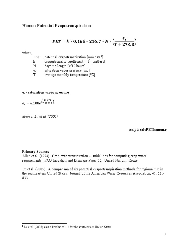 Hamon PET Equations | PDF | Evapotranspiration | Physical Quantities