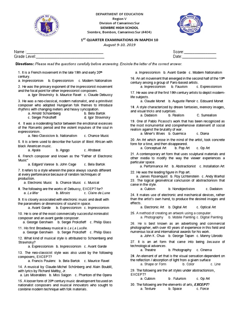 MAPEH - 10 First Grading Examination | PDF | Physical Fitness ...