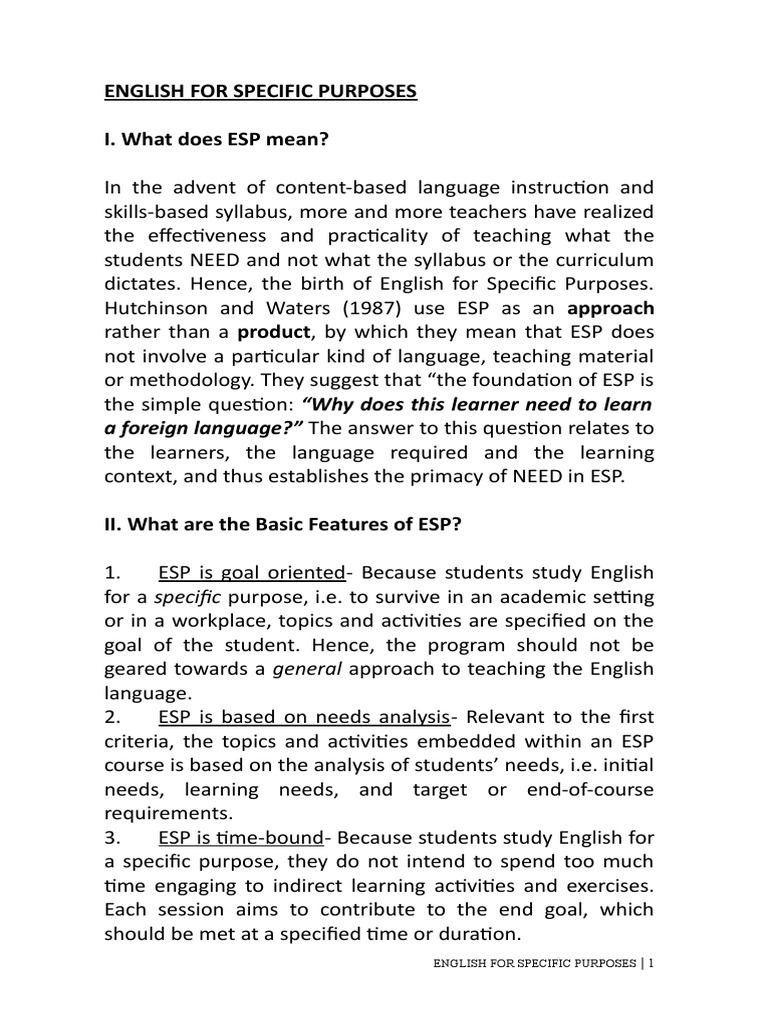 English For Specific Purposes I. What Does ESP Mean?: A Foreign ...