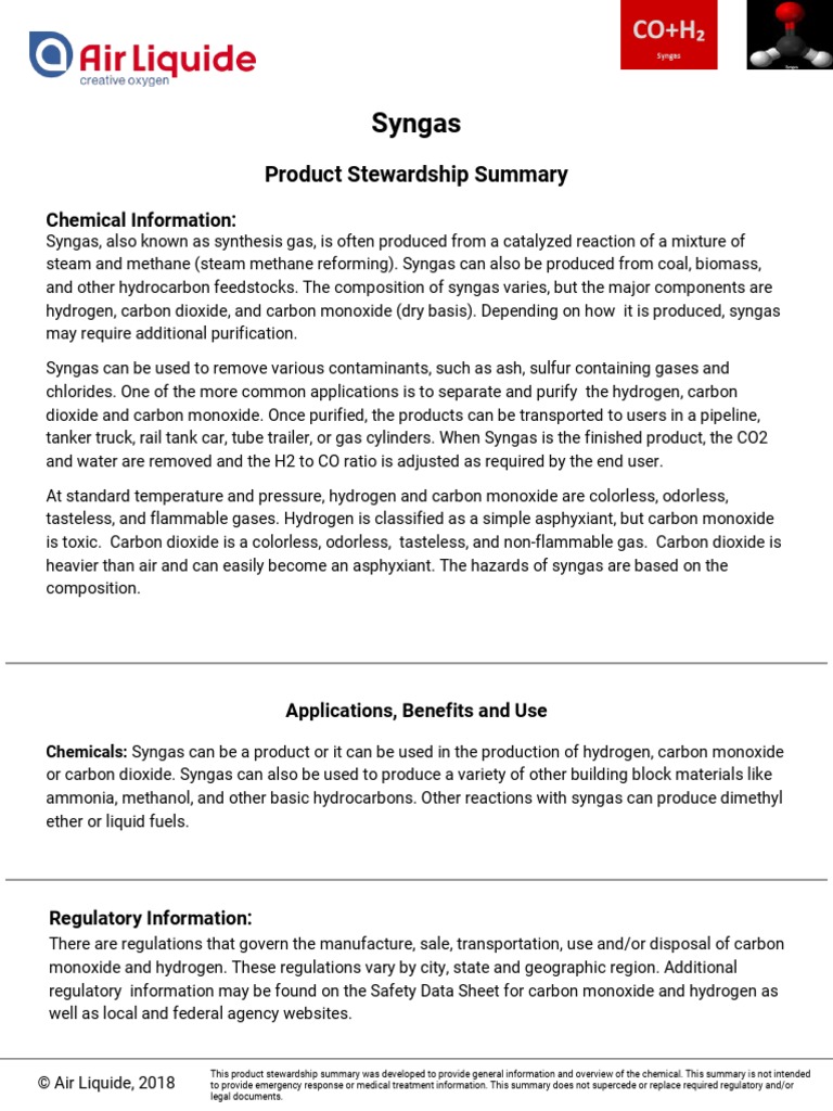 Syngas: Product Stewardship Summary | PDF | Chemistry | Chemical Industry
