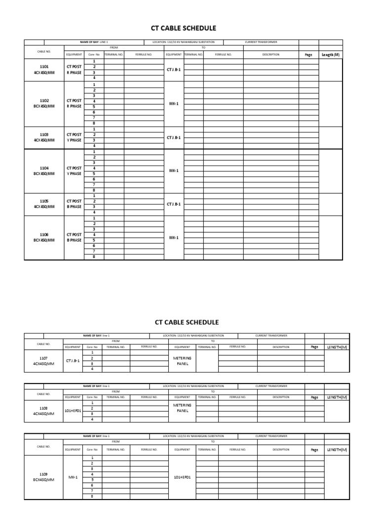 Blank Cable Schedule | PDF | Electrical Substation | Transformer