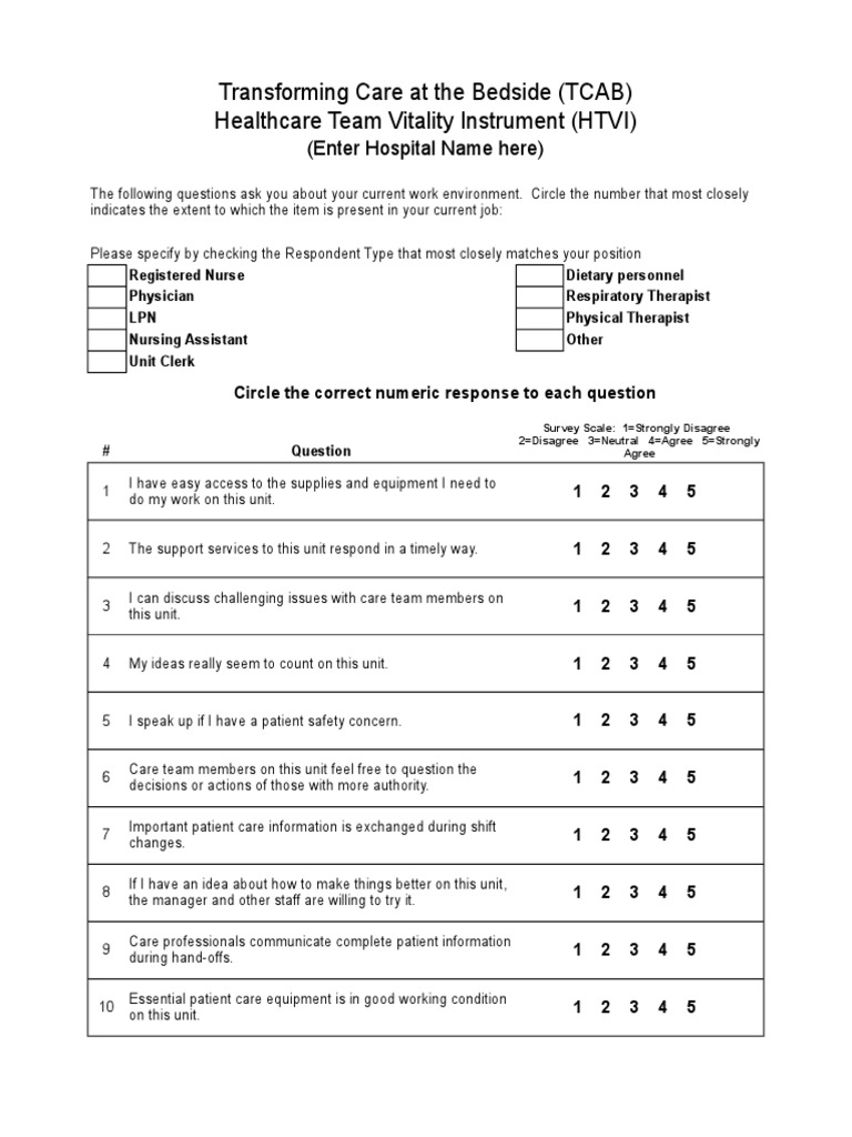 Transforming Care at The Bedside (TCAB) Healthcare Team Vitality ...