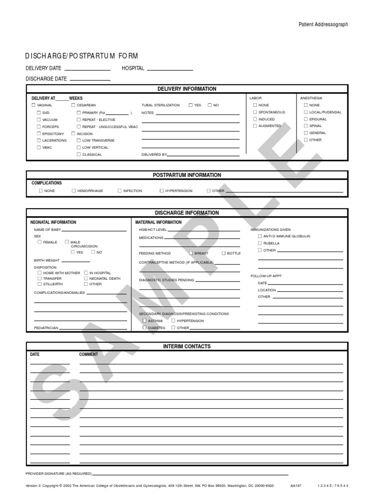 ACOG Postpartum Discharge Form | PDF | Childbirth | Postpartum Period