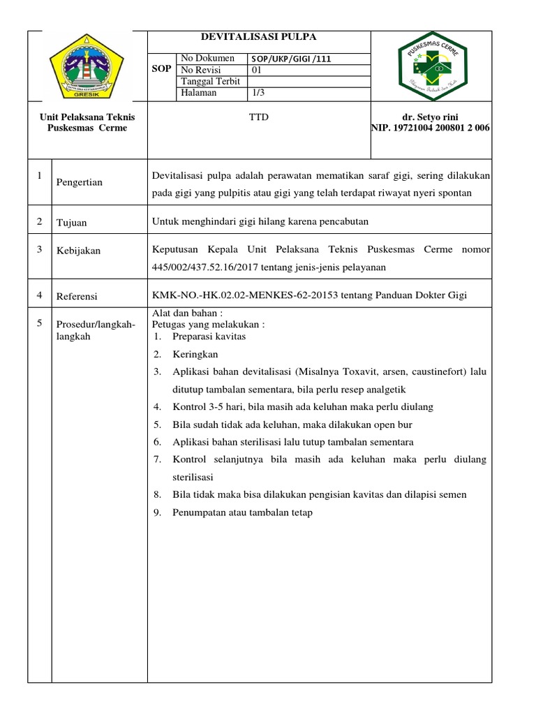 Sop Devitalisasi Pulpa | PDF