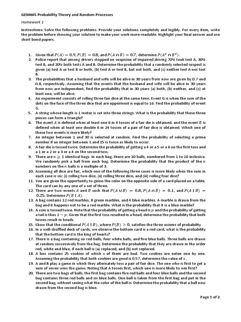 Homework 1: GEM605 Probability Theory and Random Processes | PDF ...