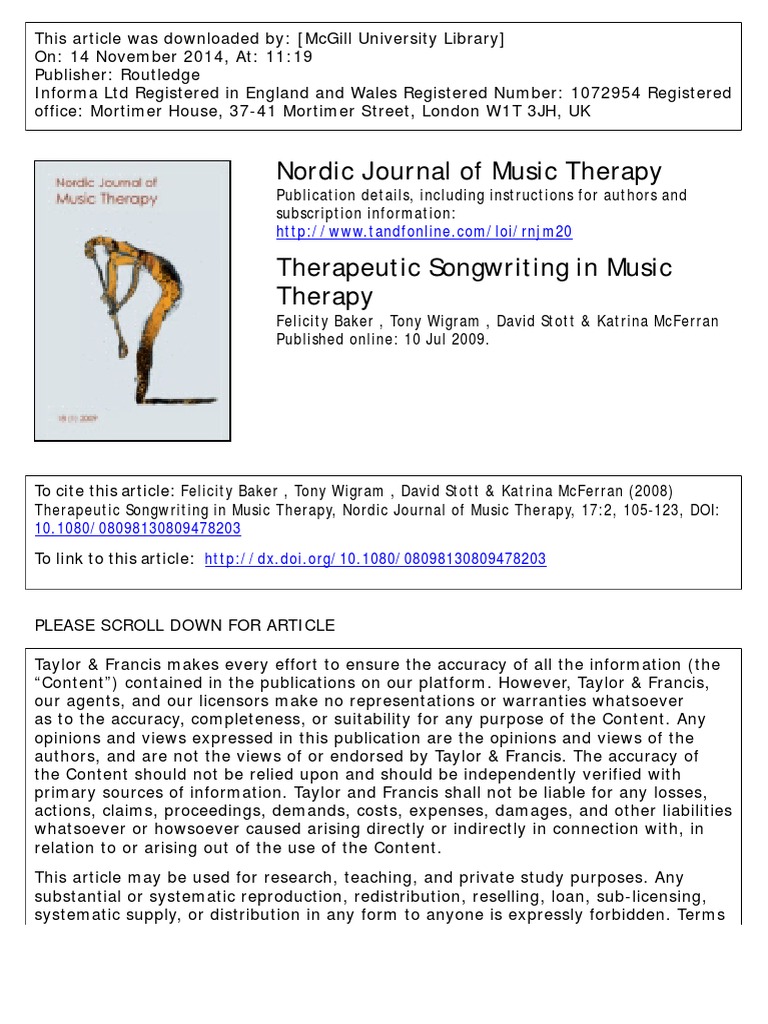 Therapeutic Songwriting in Music Therapy Felicity Baker, Tony Wigram ... Therapeutic Songwriting in Music Therapy Felicity Baker, Tony Wigram ...