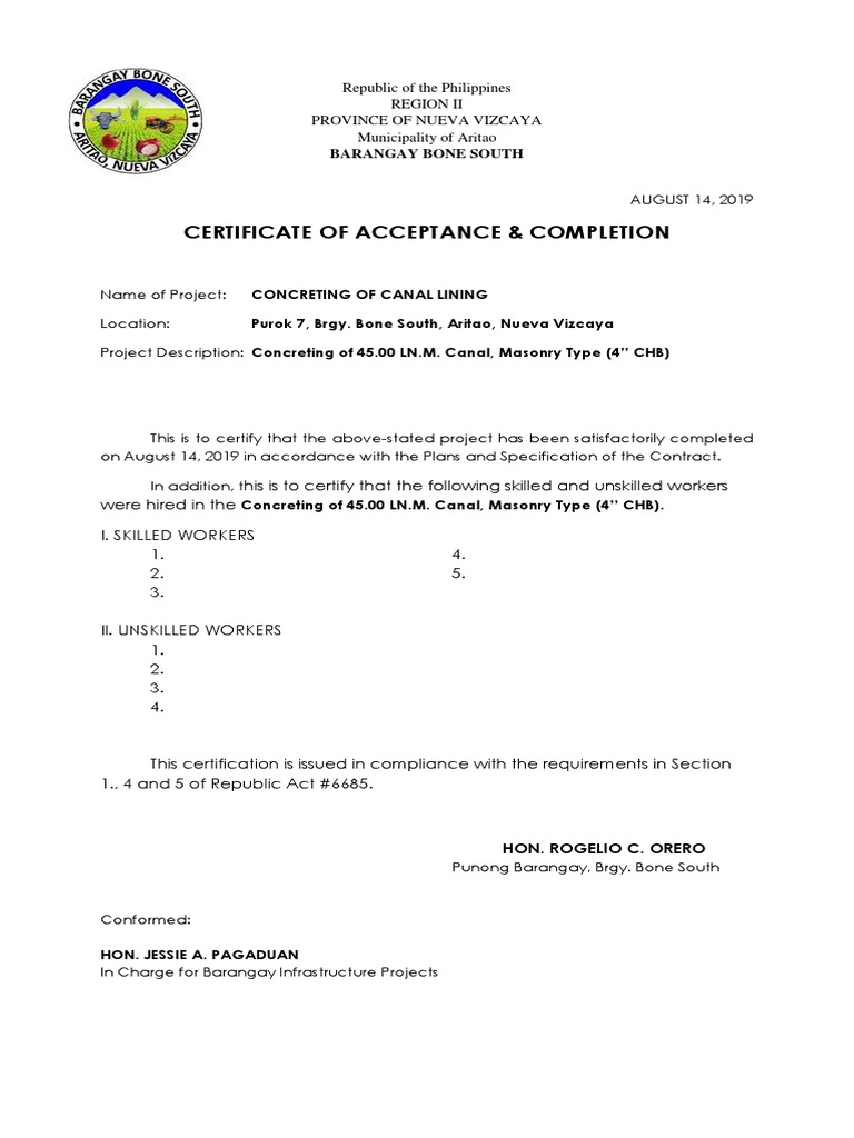 Certificate of Acceptance & Completion: Barangay Bone South | PDF ...
