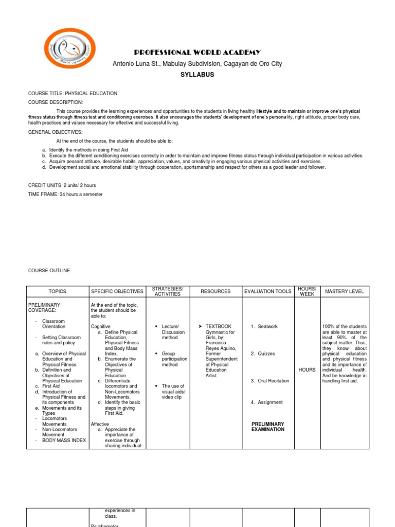 Pe 1 Syllabus | PDF | Physical Education | Physical Fitness