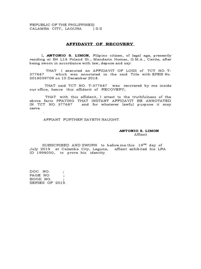 Affidavit of Recovery: Antonio S. Limon | PDF