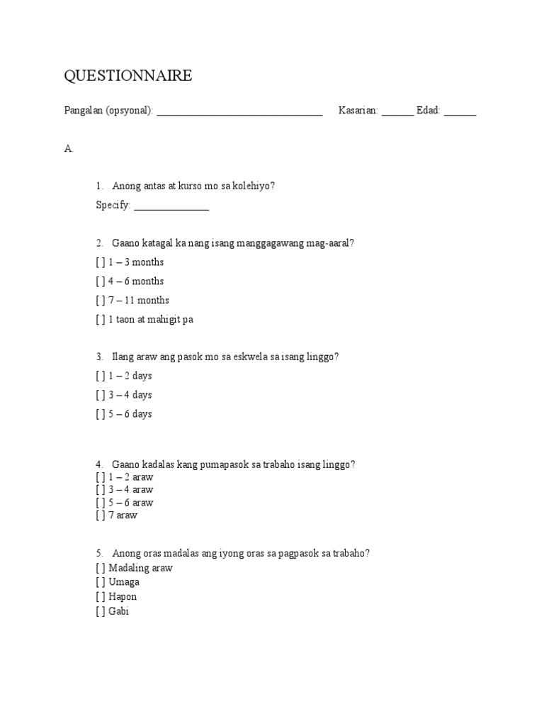 Working Students Questionnaire Sample | PDF