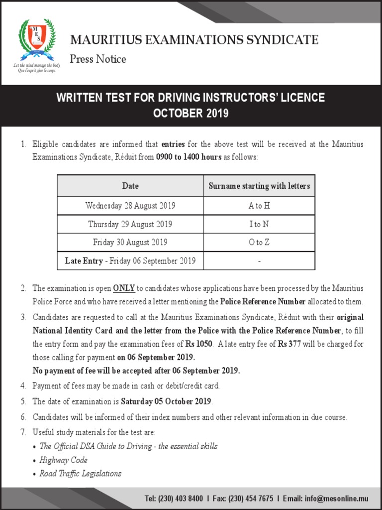 Mauritius Examinations Syndicate: Written Test For Driving Instructors ...