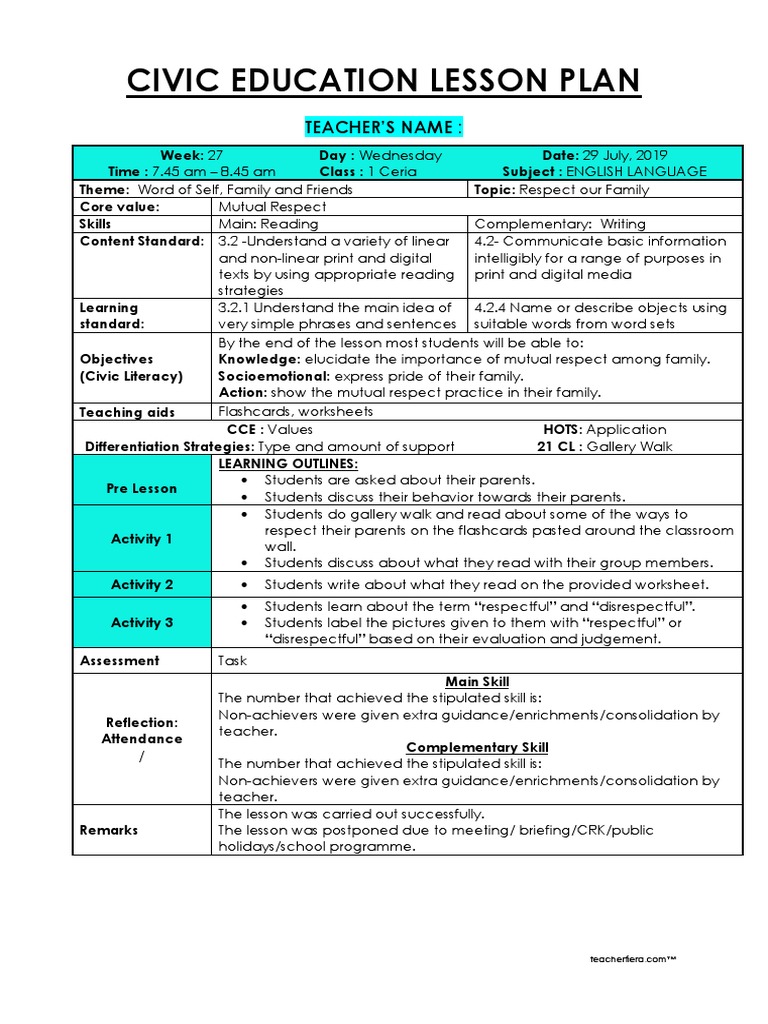 Civic Education Lesson Plan: Teacher'S Name | PDF | Teachers | Lesson Plan