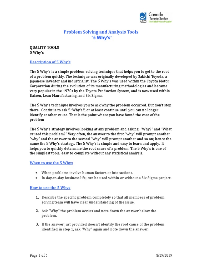 Problem Solving and Analysis Tools: "5 Why's | PDF | Causality ...