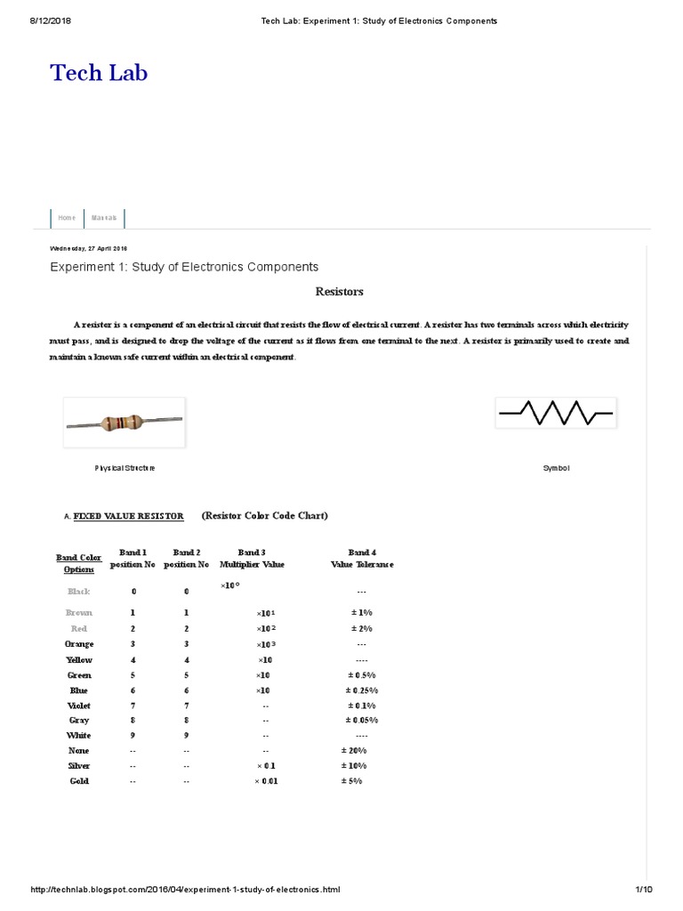Tech Lab - Experiment 1 - Study of Electronics Components | PDF ...
