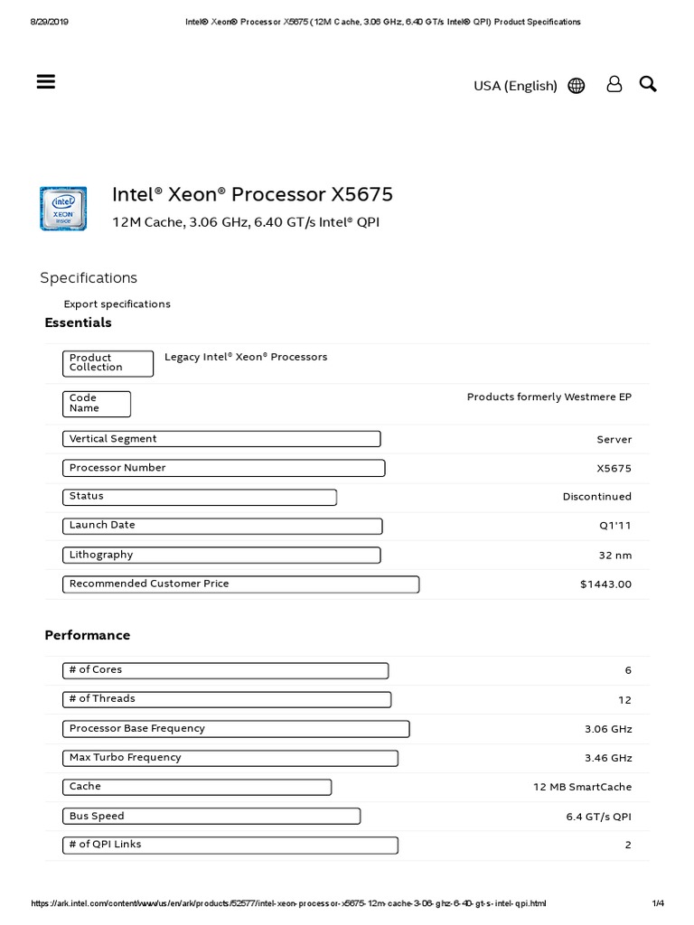 Xeon Processor X5675 Specifications | PDF | Office Equipment | Intel