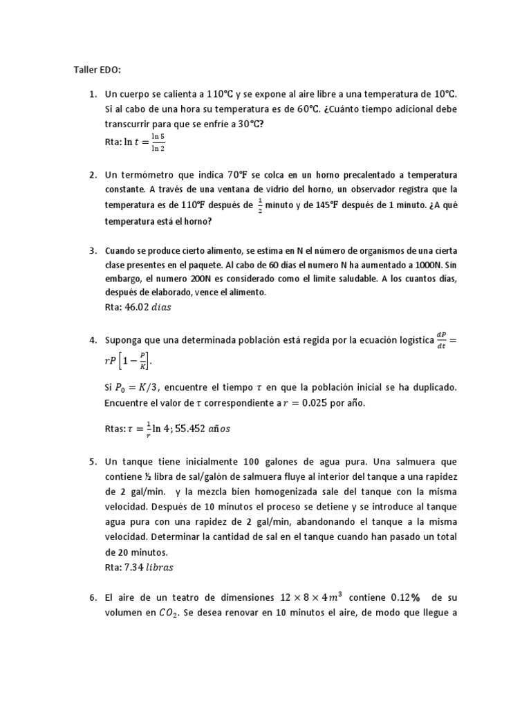 Taller EDO | PDF | Concentración | Temperatura