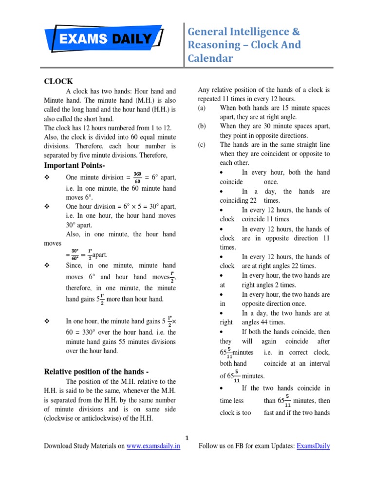 Clock Study Material | PDF | Hour | Units Of Measurement