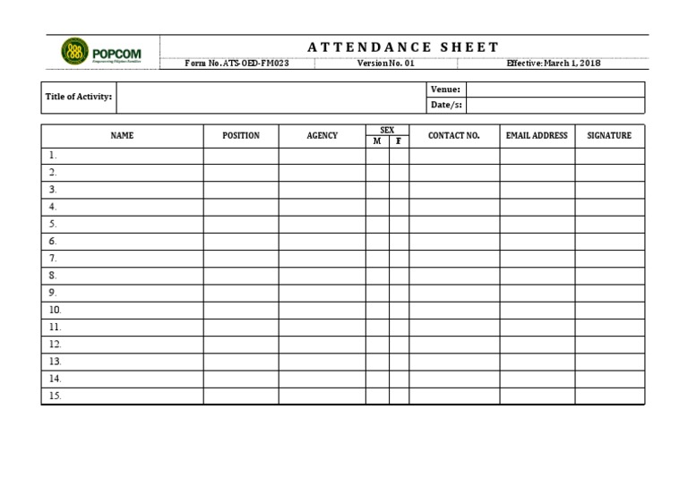 Attendance Sheet: Form No. ATS-OED-FM023 Version No. 01 Effective ...