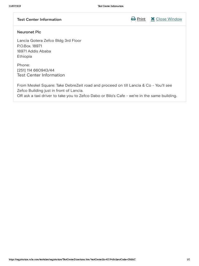 Test Center Location and Directions in Addis Ababa, Ethiopia | PDF