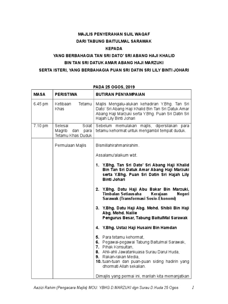 Skrip Emcee Majlis Mou Surau Darul Huda, Siol Kandis | PDF