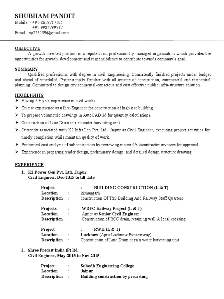 Shubham Resume 23 Jun 2018 | PDF | Civil Engineering | Engineering