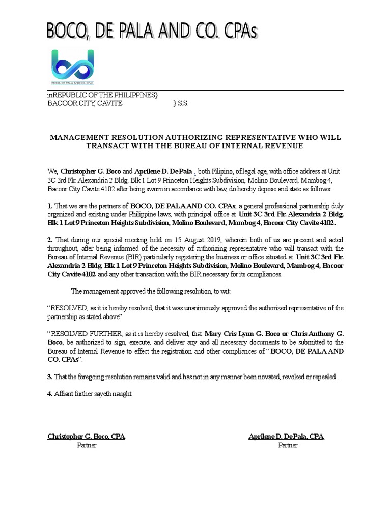 Managemant Resolution - Bir | PDF | Affidavit | Social Institutions