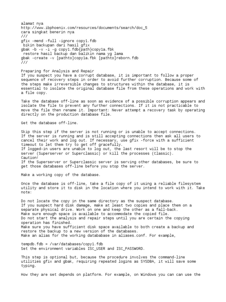 Step-by-step guide for analyzing, repairing, and restoring a corrupted Firebird database using ...