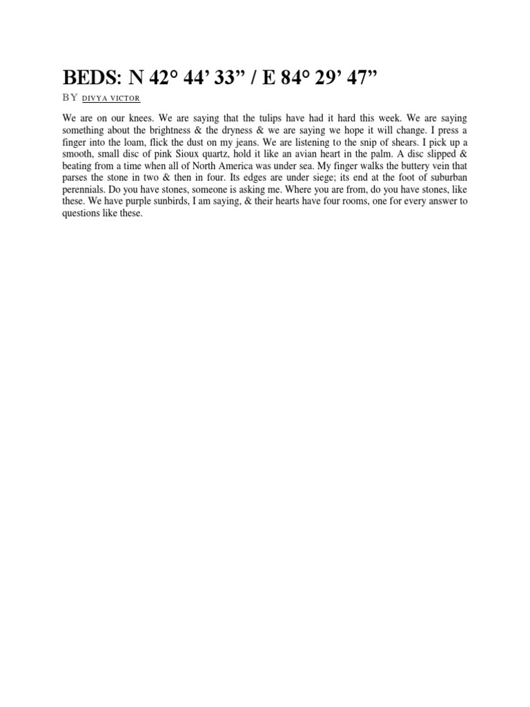 BEDS: N 42° 44' 33" / E 84° 29' 47": Divya Victor | PDF | Poetry