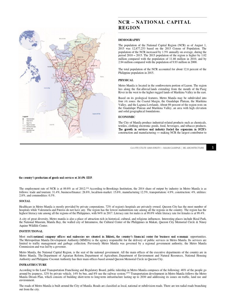 Demographics, Economy and Infrastructure of NCR and CAR | PDF | Metro ...